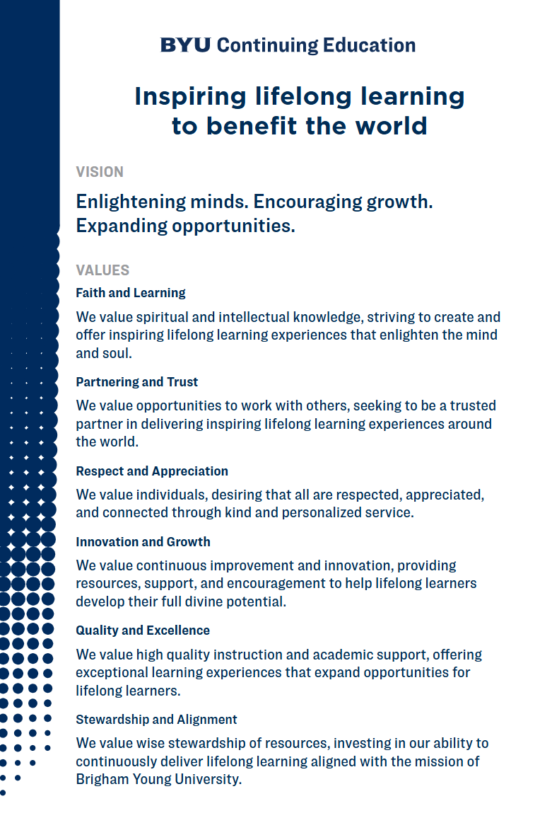 New BYU CE Mission, Vision, and Values | BYU Continuing Education